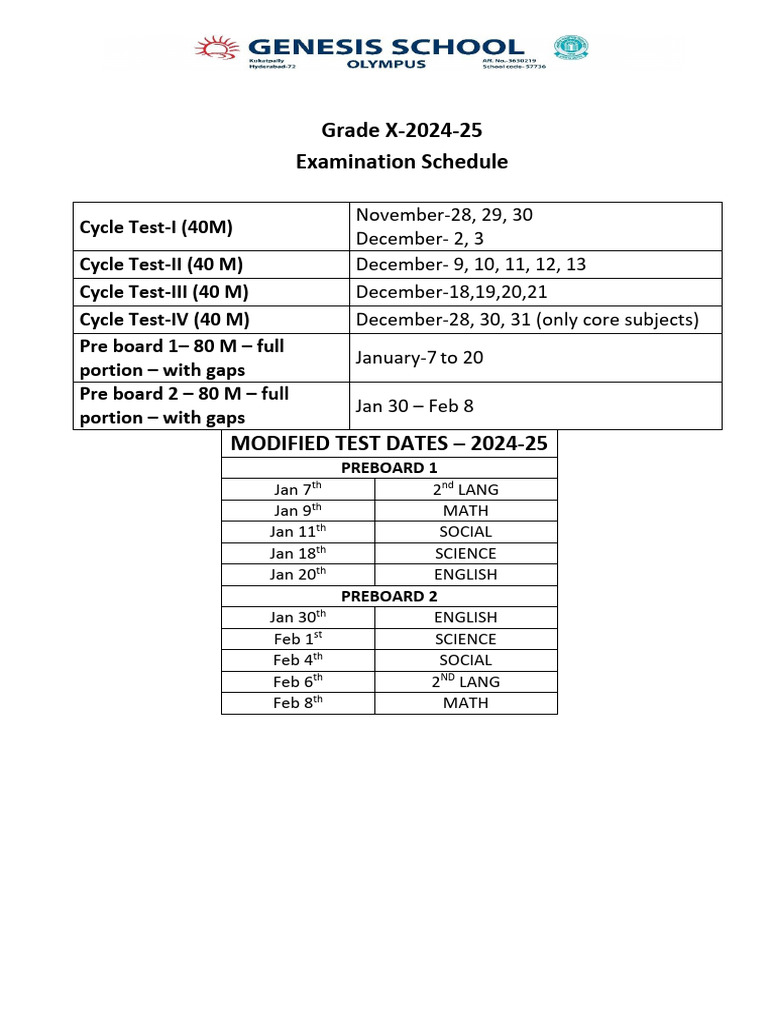 Grade X-Exam Schedule - Modified | PDF