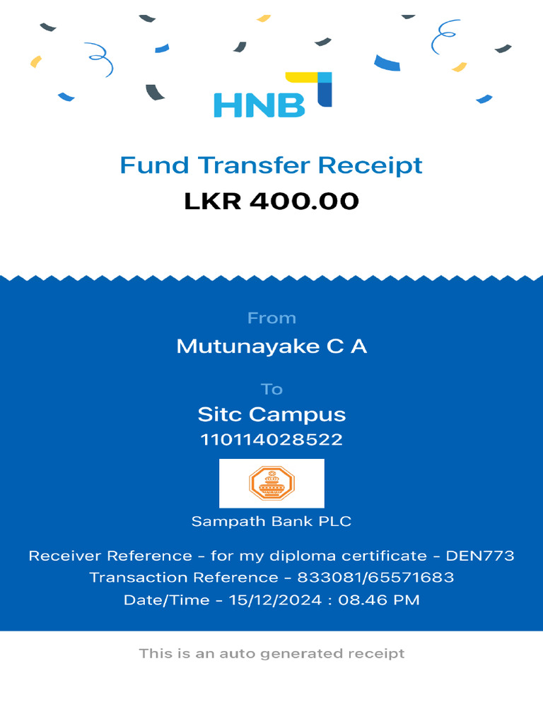 HNB Transfer Receipt 15 12 2024 08 46 PM | PDF