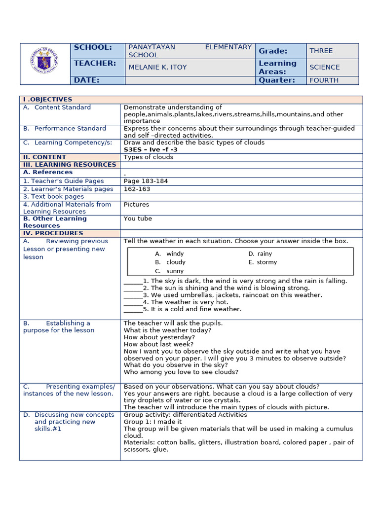 Grade 3 Science: Types of Clouds Lesson | PDF | Cloud | Learning