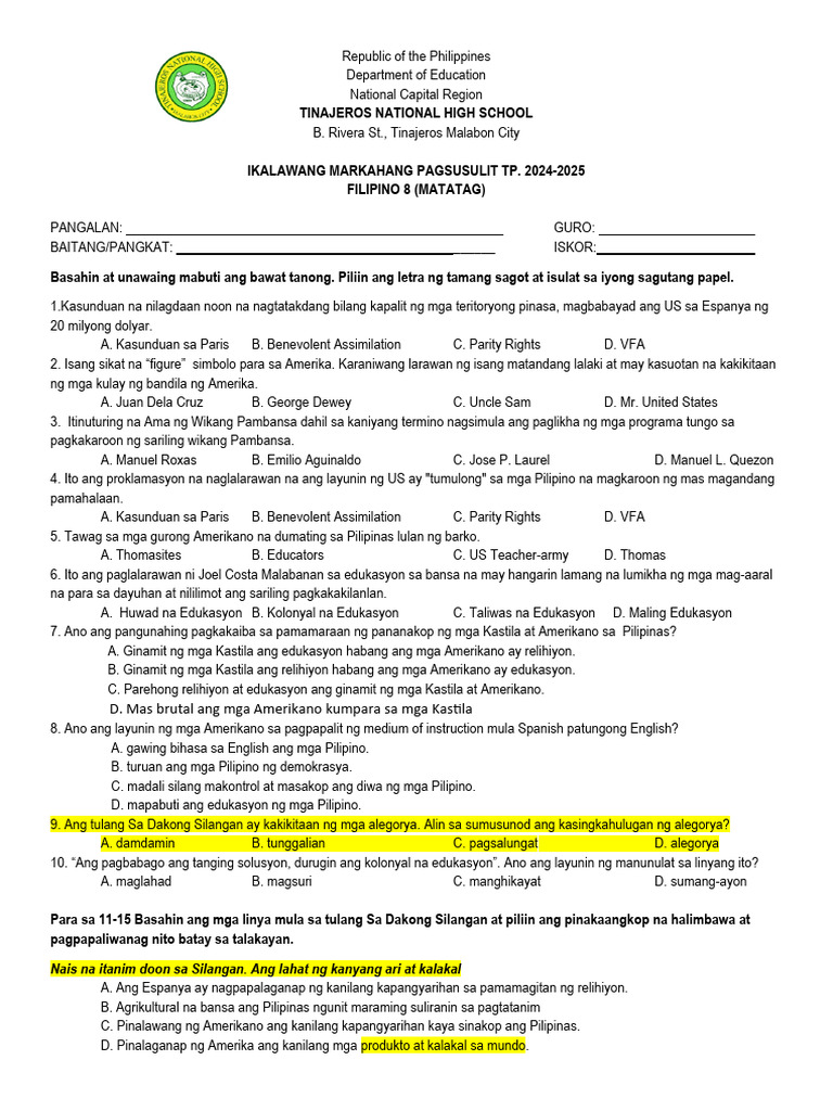 FILIPINO 8 MATATAG Ikalawang Markahang Pagsusulit 2024 2025 | PDF