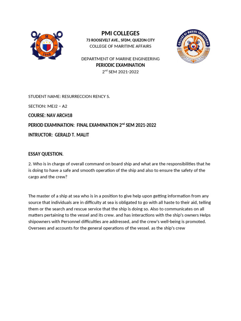 Prelim Exam NAVAL ARCH Essay # No. 2 | PDF