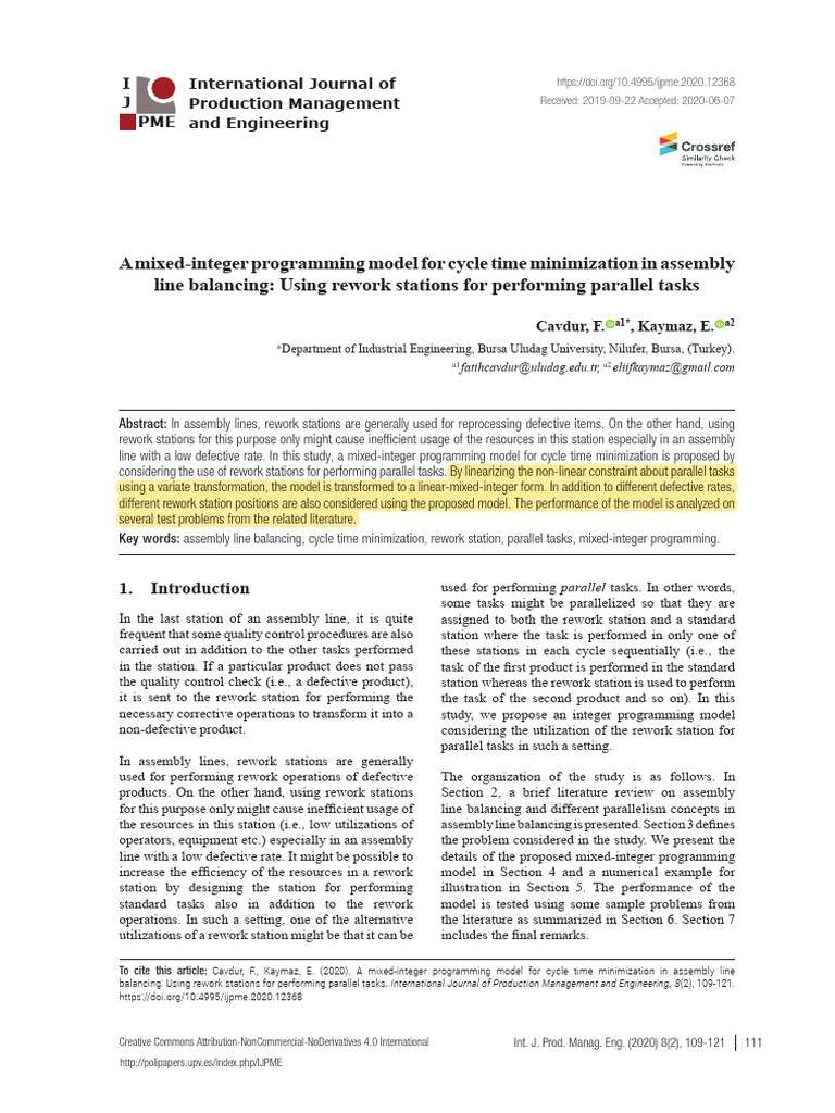 A Mixed Integer Programming Model For Cycle Time Minimization In Assembly Line Balancing Using