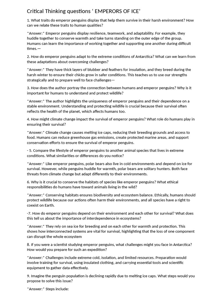 Critical Thinking Questions The Emperors On Ice | PDF | Penguin ...