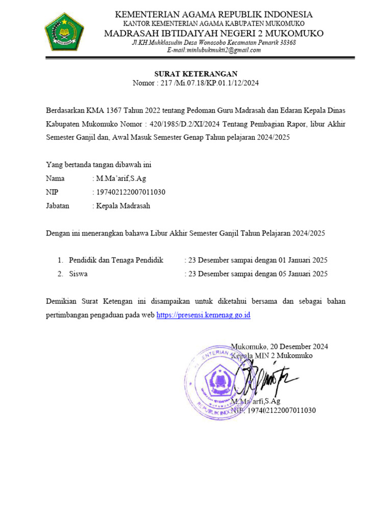 SURAT KETERANGAN LIBUR-dikompresi | PDF