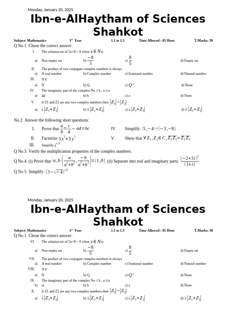 Mathematics Exam: Complex Numbers & Solutions | PDF | Complex Number | Mathematics
