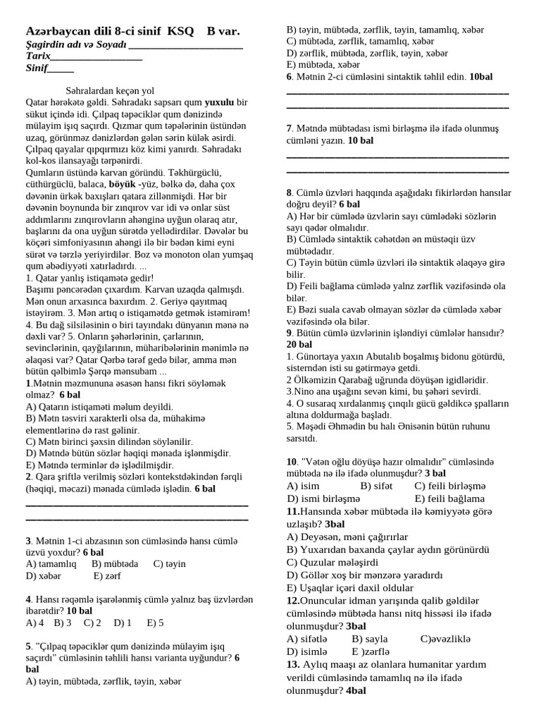 8ci Sinif KSQ 3 Azərbaycan Dili B Var | PDF