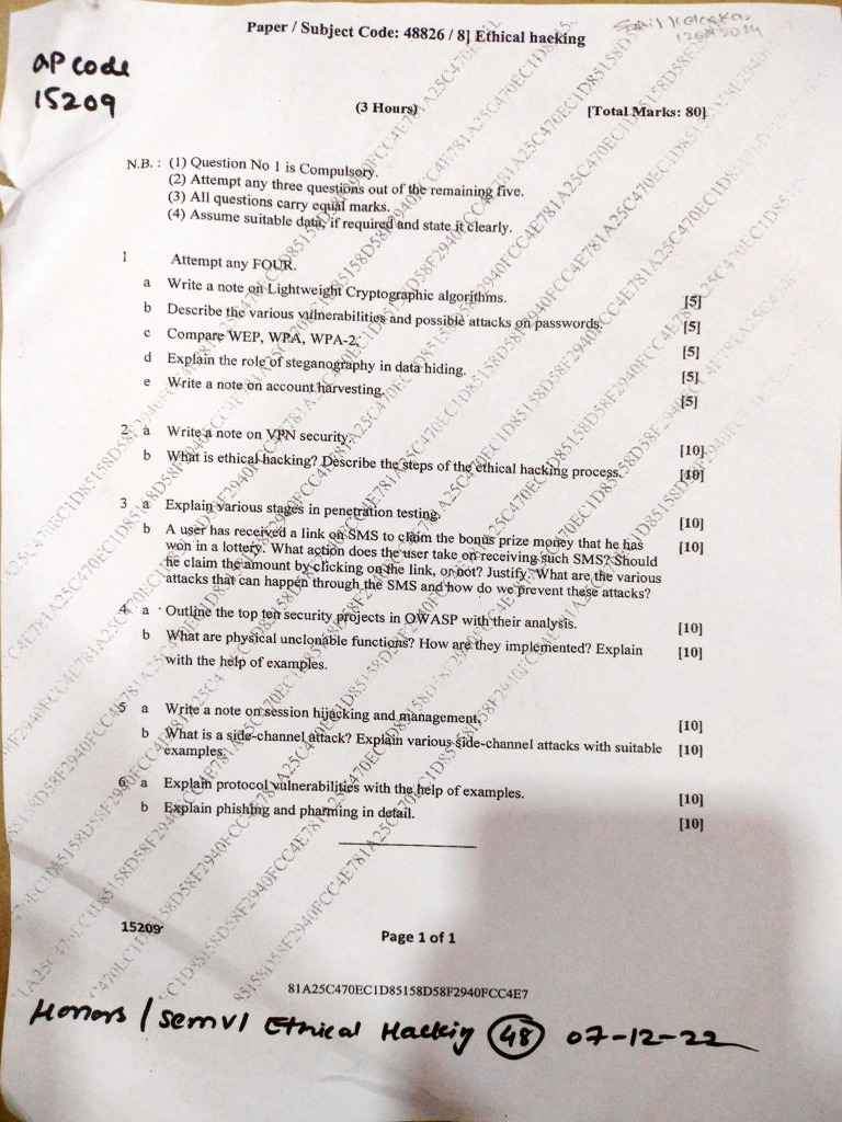 Cybersecurity {Ethical Hacking} QP SEM - 6 (07-12-22) | PDF