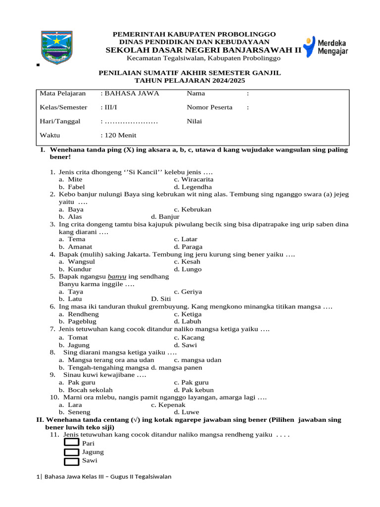Soal SAS Bahasa Jawa Kelas 3 | PDF