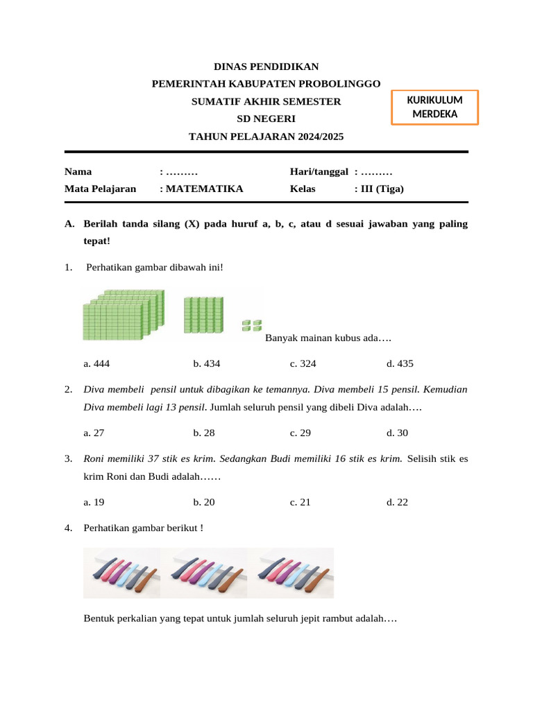 Soal SAS Matematika Kelas 3 | PDF