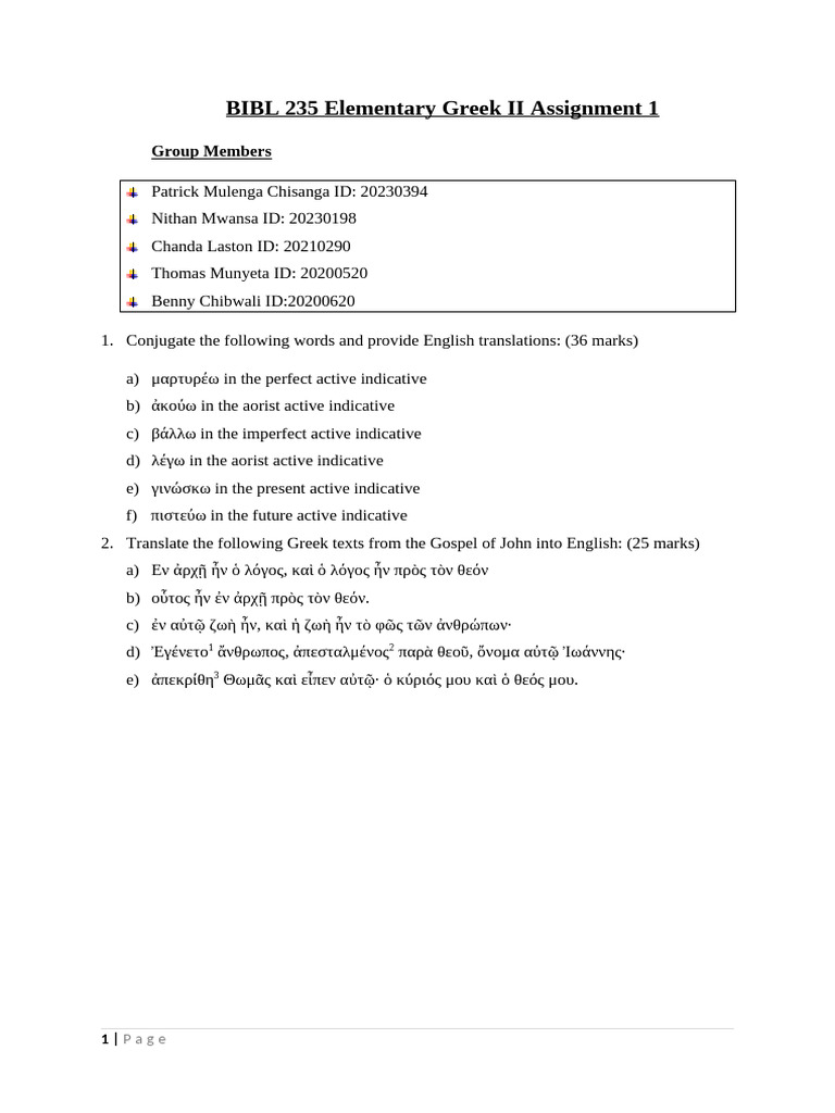Greek II Assignment: Conjugation & Translation | PDF | Languages ...