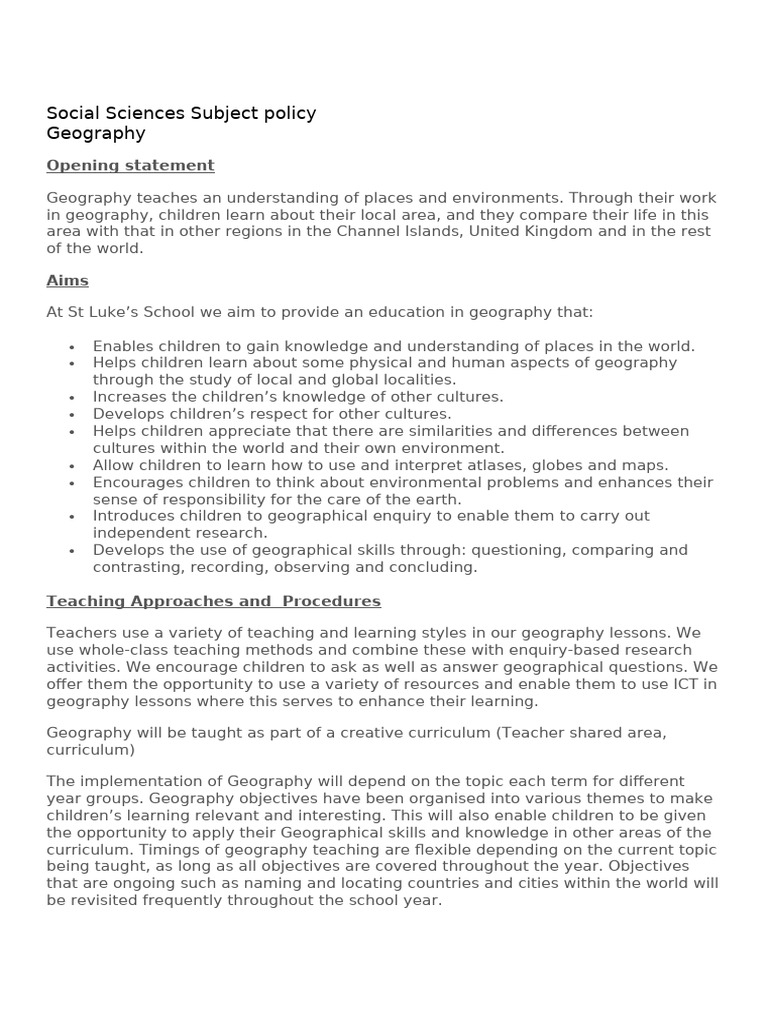 Social Sciences Subject Policy Overview | PDF | Geography | Teachers