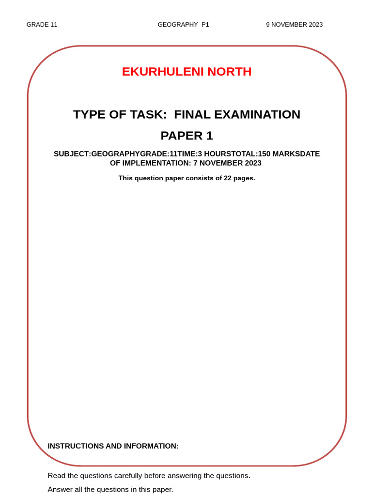 Grade 11 Geography p1 November 2023 Question Paper (002) Final | PDF ...
