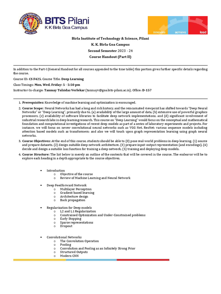 CS F425 - Deep Learning - [Tanmay Tulsidas Verlekar] - 2023_2 | PDF | Artificial Neural Network ...