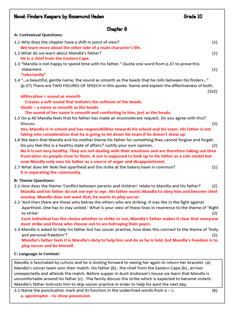 Grade 10 Exam: Finders Keepers Chapter 6 | PDF