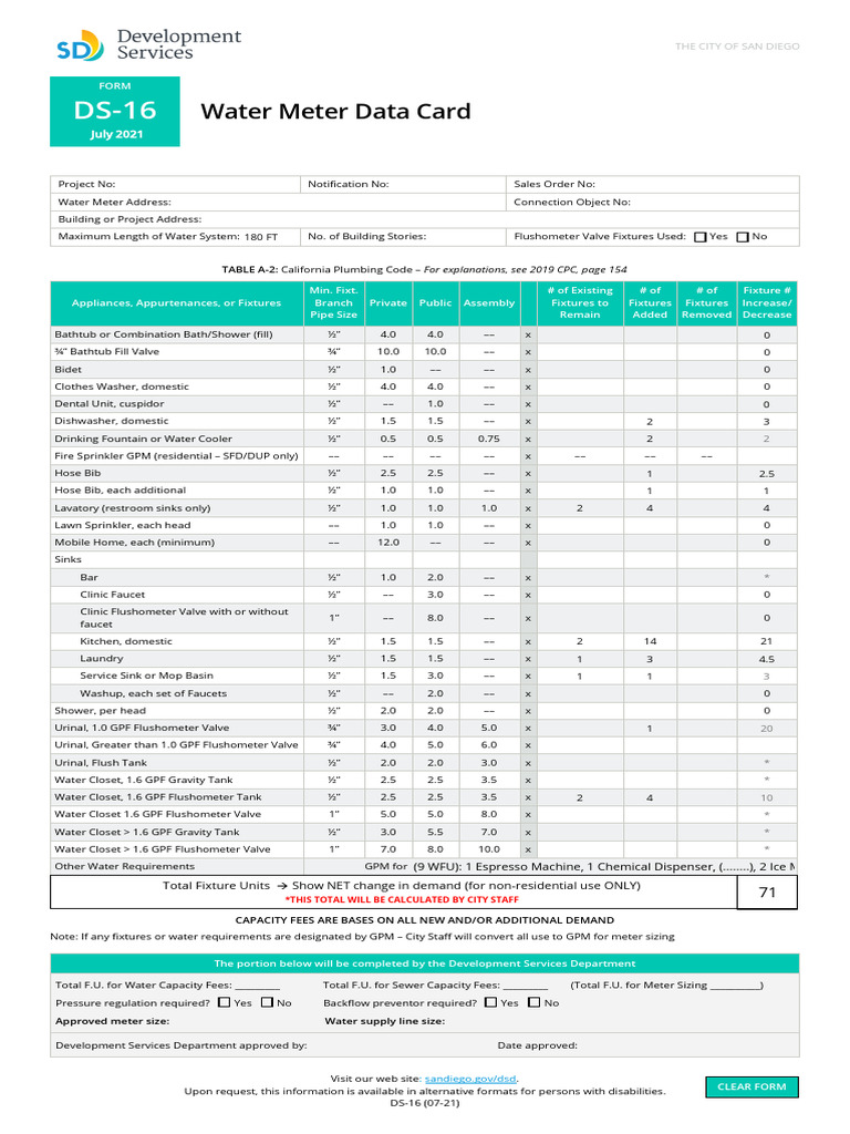 WATER METER CARD FORM SAN DIEGO | PDF | Tap (Valve) | Gallon
