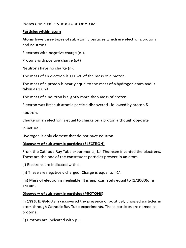 Notes PART-1 STRUCTURE OF ATOMS CHAPTER | PDF | Atoms | Isotope