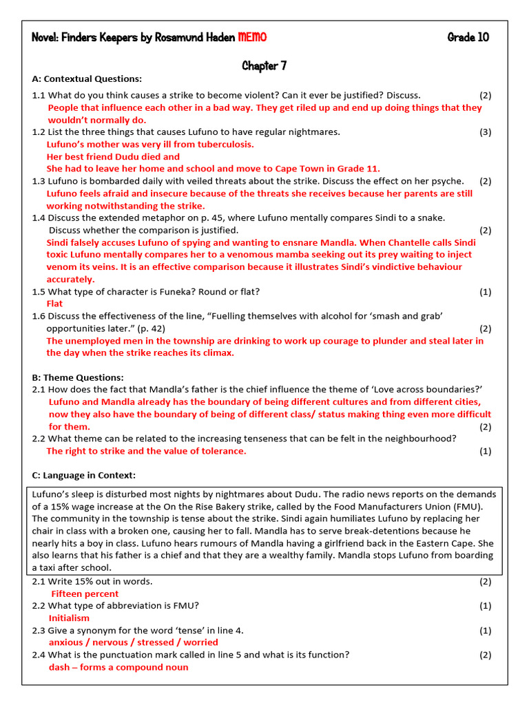 Grade 10 Finders Keepers Chapter 7 Memo | PDF | Word | Linguistics
