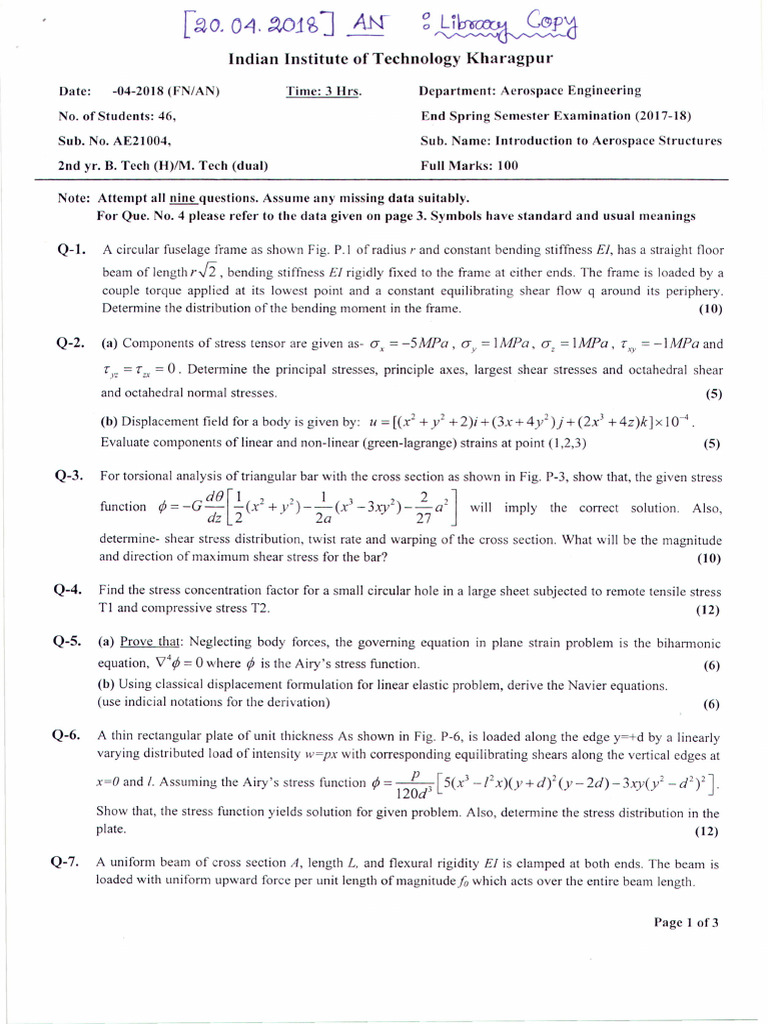AE21004 Introduction To Aerospace Structure | PDF | Stress (Mechanics ...
