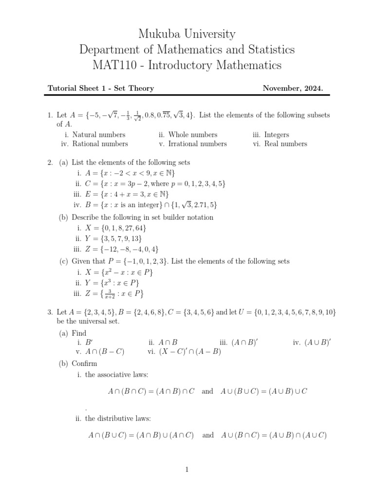 Tutorial Sheet1 MU MA110 | PDF | Numbers | Mathematical Logic