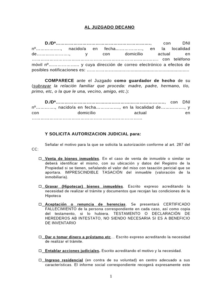 SOLICITUD AUTORIZACION JUDICIAL POR GUARDADOR DE HECHO v.2 | PDF | Herencia