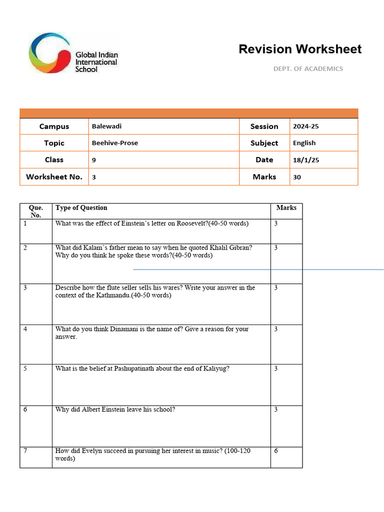 Revision Worksheet 3 Gr9 English AE 2024-25pdf | PDF
