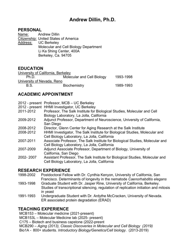 Dillin CV 2024 022024 | PDF | Mitochondrion | Cell Signaling
