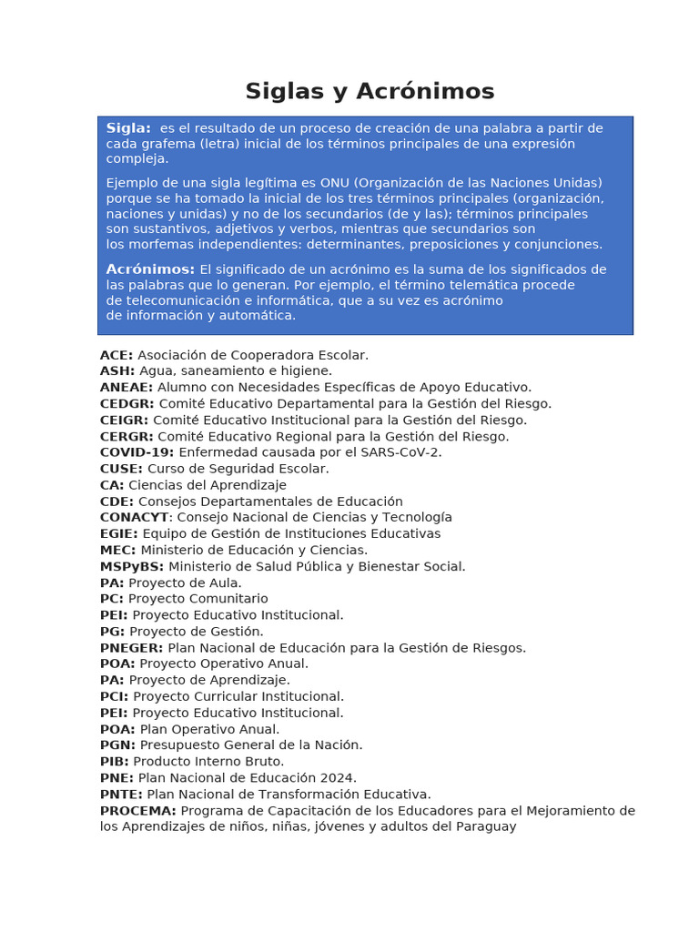 Siglas y Acrónimos Educativos en Paraguay | PDF | Acrónimo | Unicef