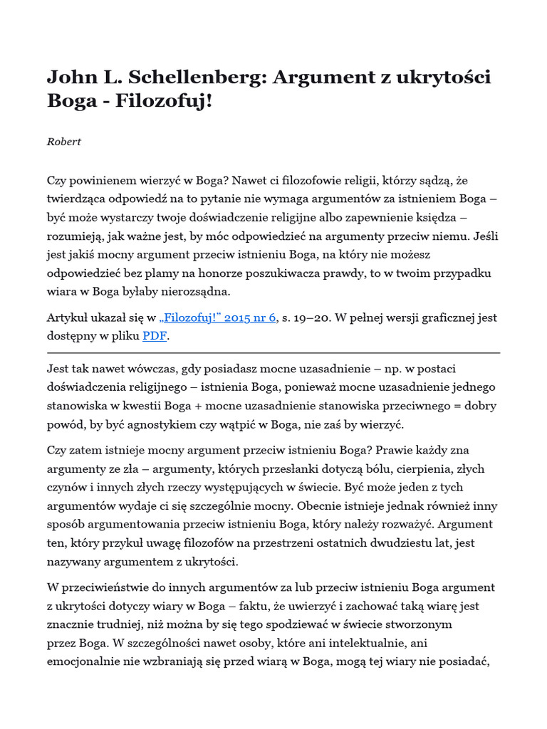 John L. Schellenberg Argument z ukrytości Boga - Filozofuj! | PDF