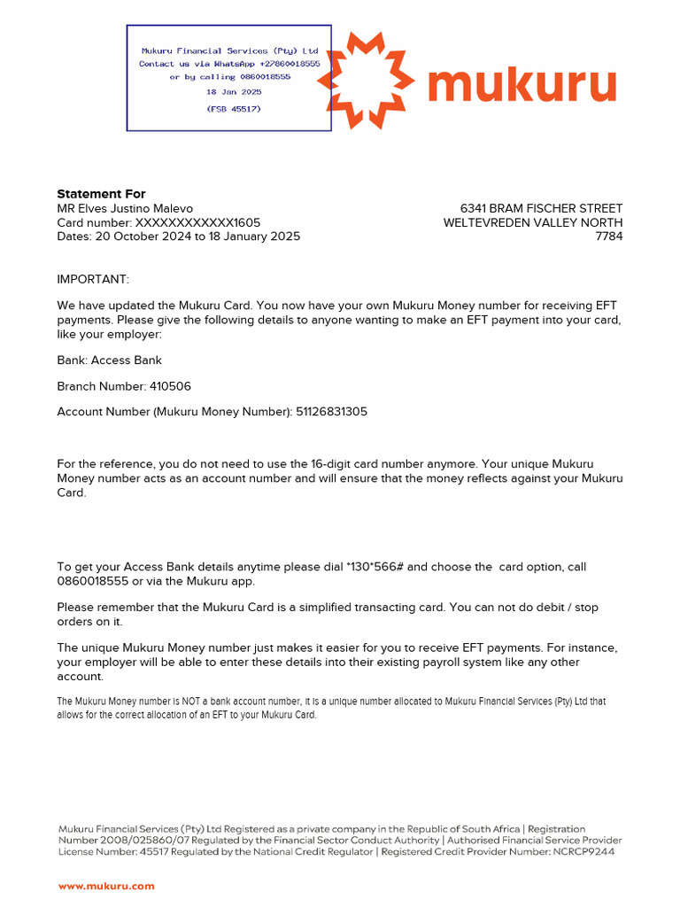 Mukuru Card Statement Update | PDF | Banks | Payments