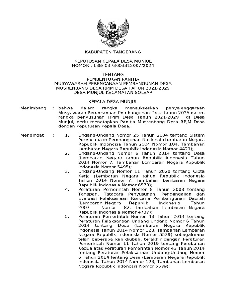 SK Panitia Musrenbang RPJM Desa | PDF