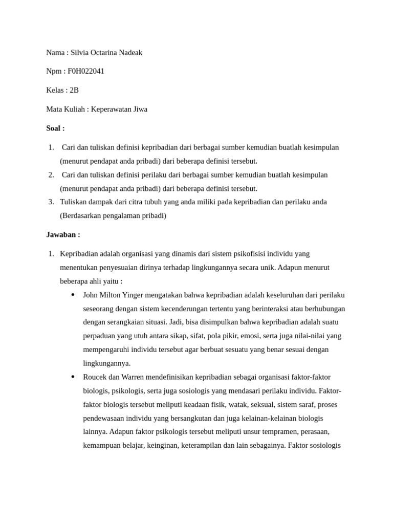 Keperawatan Jiwa (Silvia Octarina Nadeak) Kepribadian Dan Perilaku | PDF