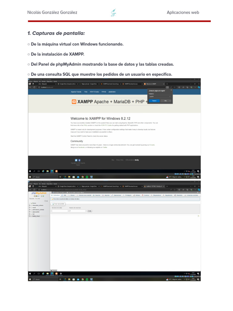 Capturas de XAMPP y SQL en Windows | PDF