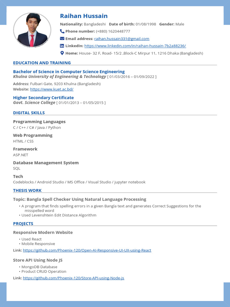 CV _RAIHAN_HUSSAIN | PDF | Databases | Computer Science