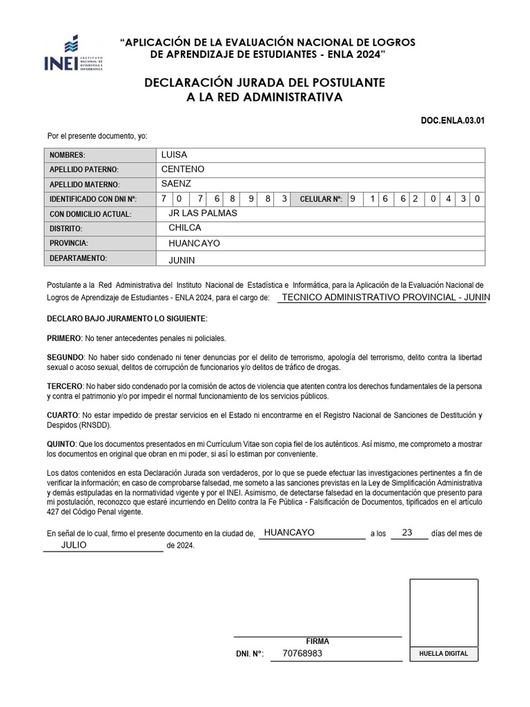 Declaración Jurada Postulante ENLA | PDF | Documento de identidad ...