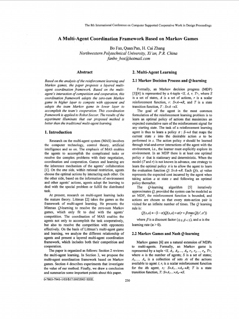 a-multiagent-coordination-framework-based-on-markov-games | PDF | Cognition | Learning