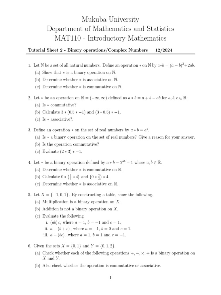 Binary Operations and Complex Numbers Tutorial | PDF | Numbers | Algebra