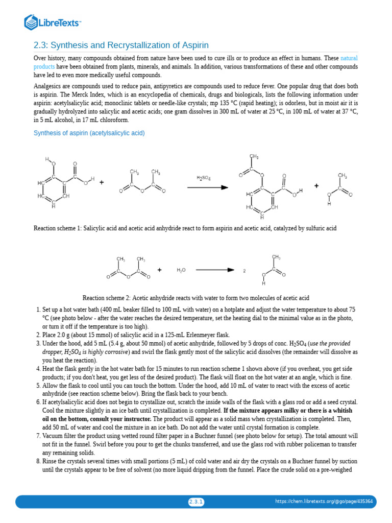 2.03 Synthesis and Recrystallization of Aspirin | PDF | Aspirin | Acid