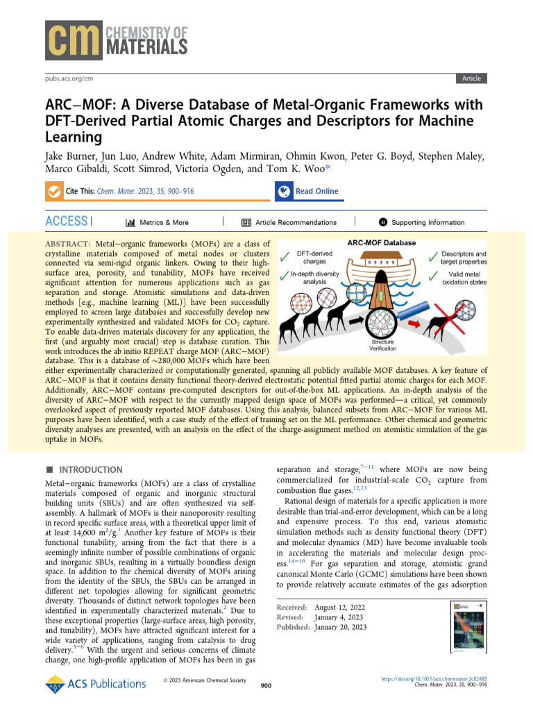 Arc Mof A Diverse Database of Metal Organic Frameworks With DFT Derived ...