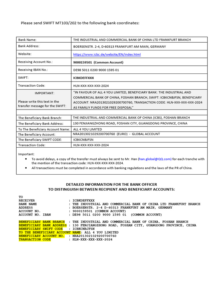 SWIFT MT103 Transfer Instructions | PDF | Banks | Financial Services