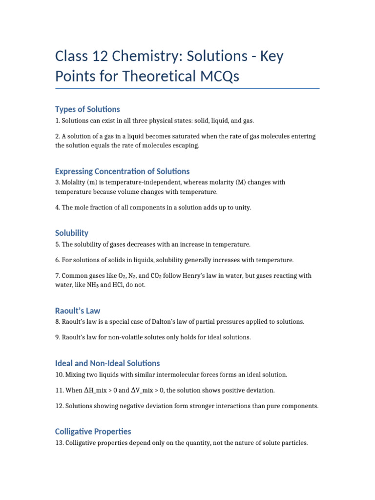 Solutions Chapter 12 Chemistry Key Points | PDF | Solubility | Gases