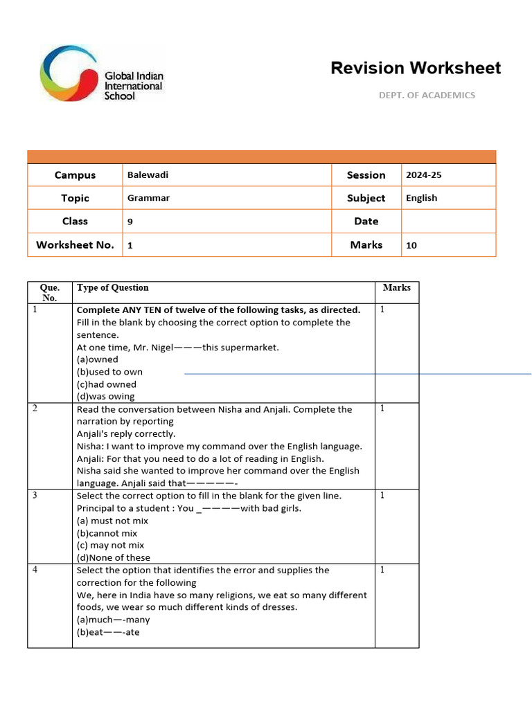 Revision Worksheet 1 - Gr9 - English - AE - 2024-25 | PDF