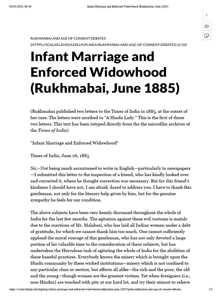 Infant Marriage and Enforced Widowhood (Rukhmabai, June 1885) | PDF | Marriage