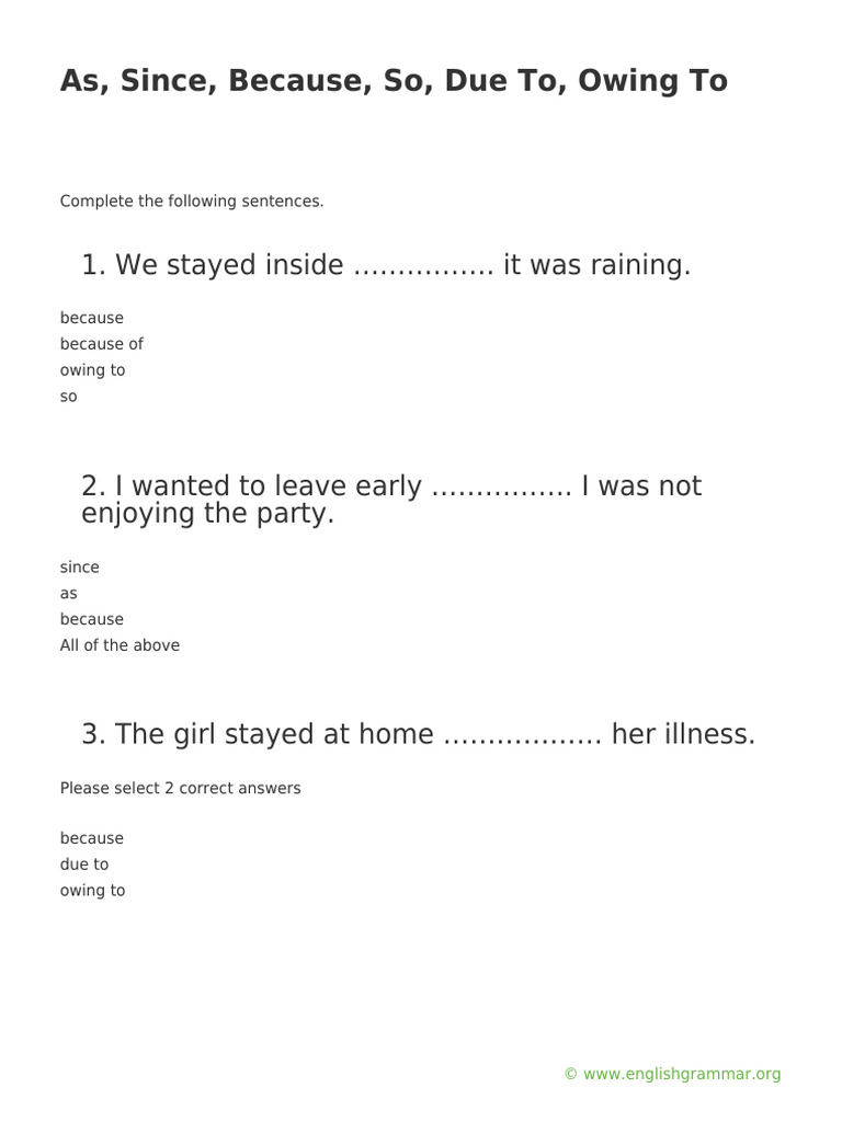 As, Since, Because, So, Due To, Owing To | PDF