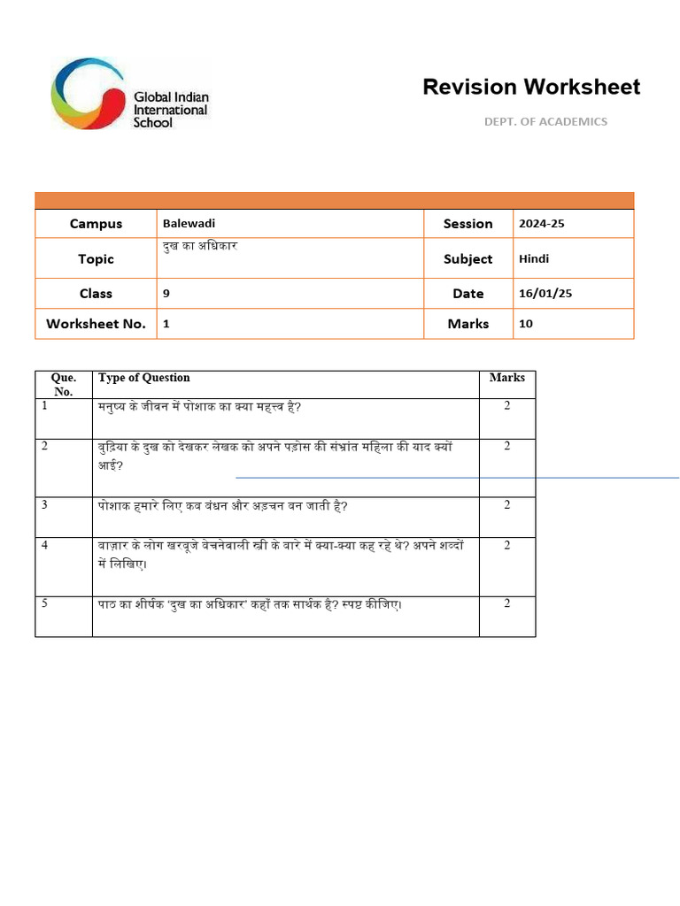 Revision Worksheet 1 - Gr9 - Hindi - AE - 2024-25 | PDF
