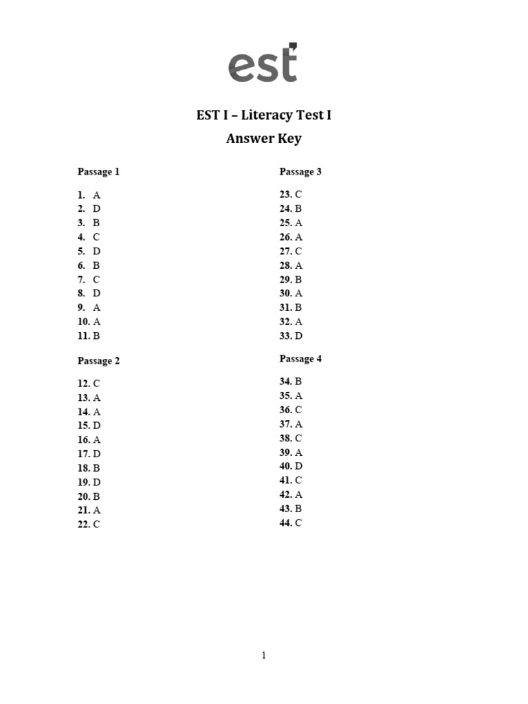 EST I Literacy Test I Answer Key | PDF
