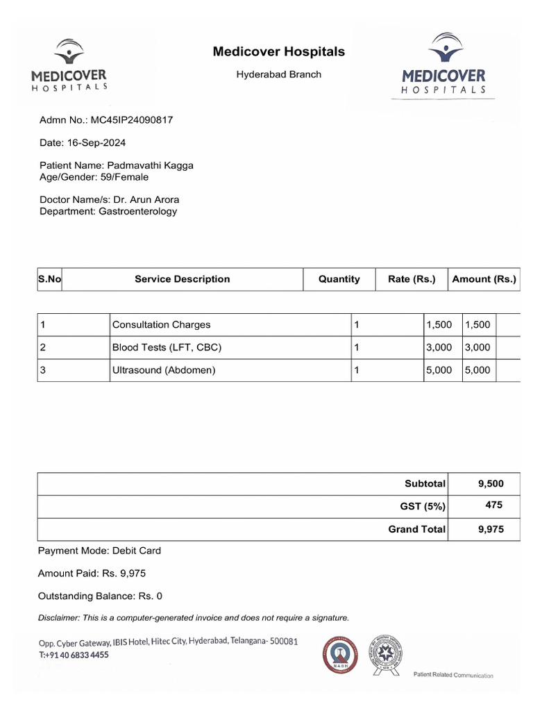 Medicover Hospital Bill Mom-Merged | PDF