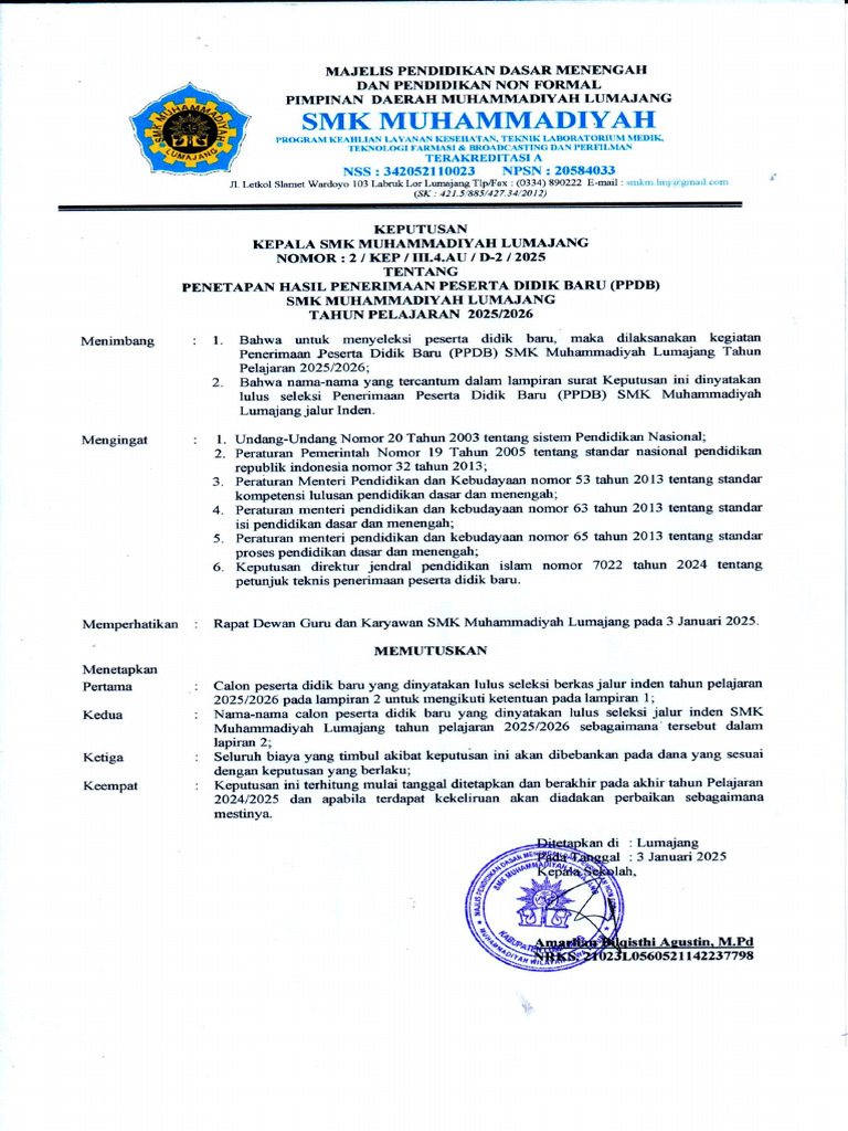 SK Penetapan Peserta Didik Baru | PDF