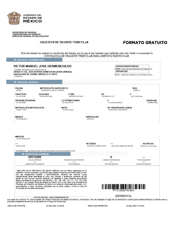 Solicitud de Tramite Vehicular Victor Manuel | PDF | México