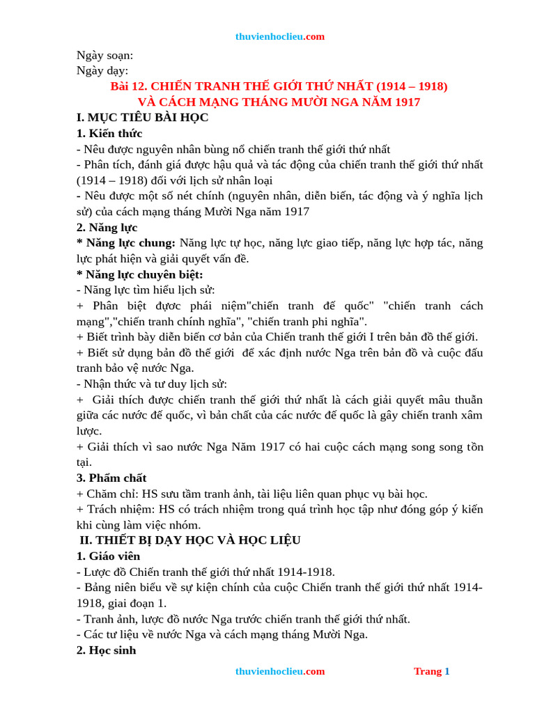Thuvienhoclieu.com Ga Lich Su 8 Kntt Bai 12 Chien Tranh the Gioi Thu Nhat 1914 – 1918 | PDF