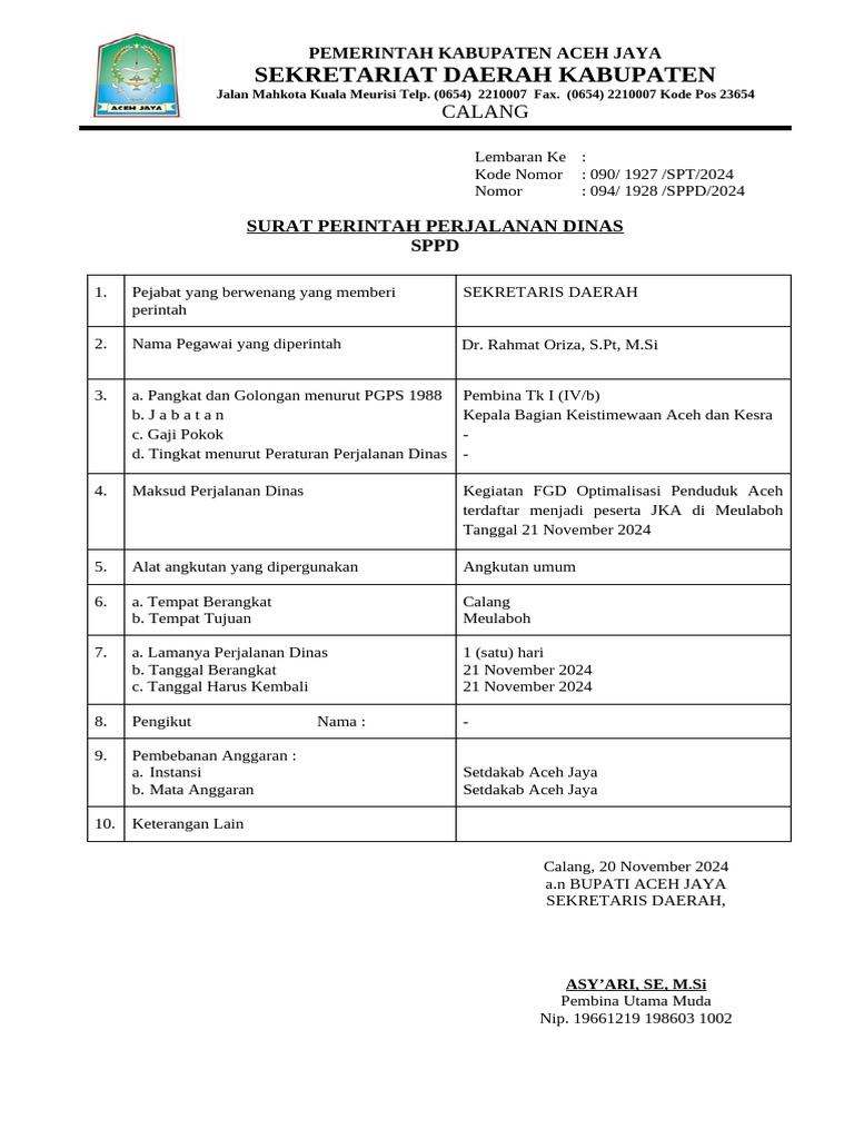 Blangko SPPD Rahmat Oriza Banda Aceh Rakor FGD JKA MBO 2024 | PDF